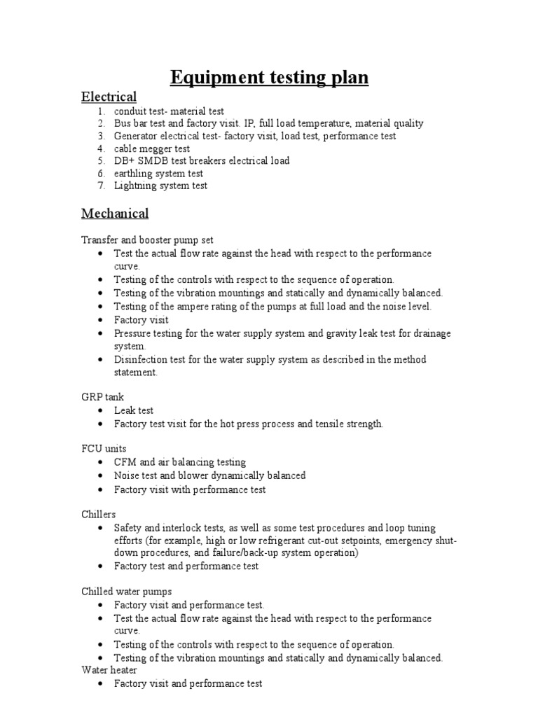 Equipment Testing Plan | PDF | Manufactured Goods | Mechanical Engineering