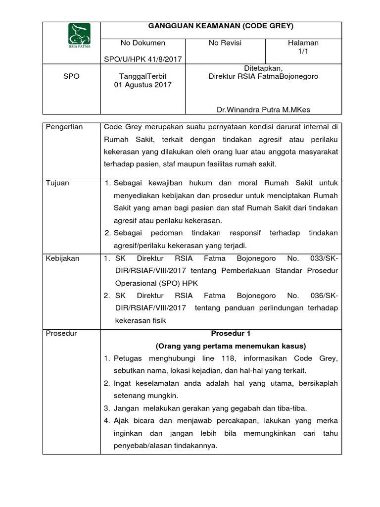 Prosedur Tanggap Code Grey Rumah Sakit | PDF