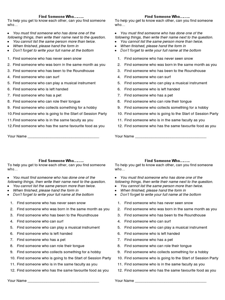 Icebreaker Activity Sheet - Find Someone Who.. | PDF | Leisure