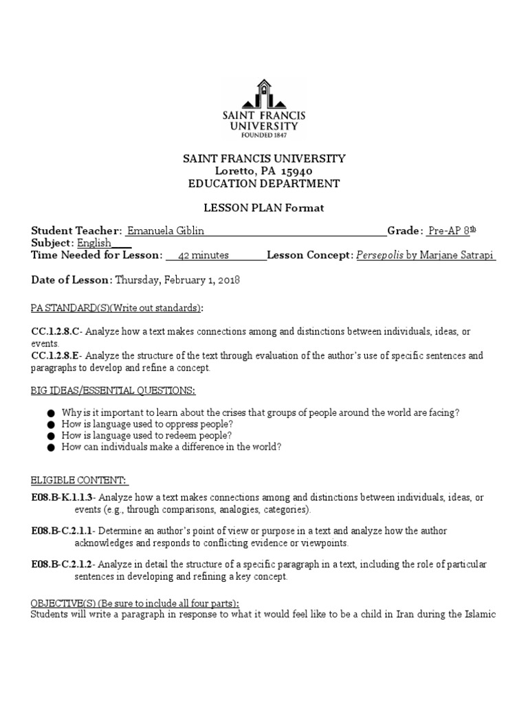 All The Lesson Plans For Persepolis | PDF | Lesson Plan | Teachers