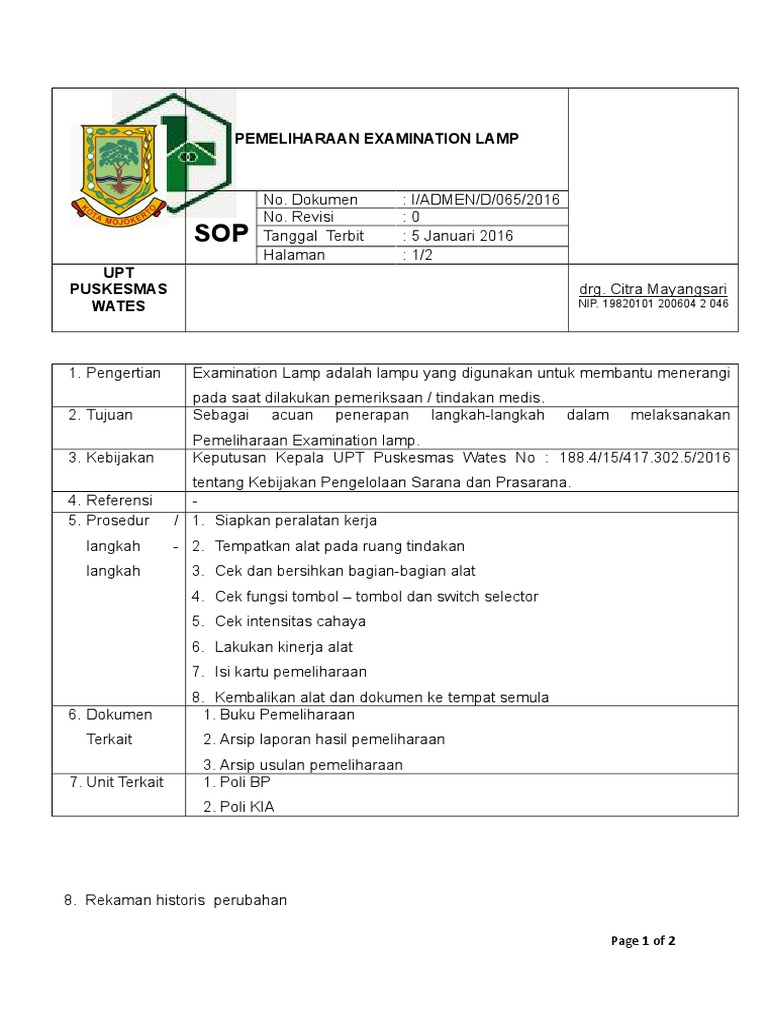 SOP Pemeliharaan Examination Lamp | PDF