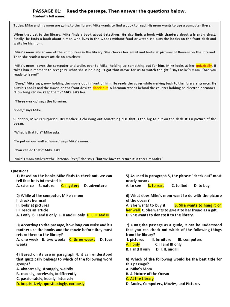 Reading Comprehension - Work I | PDF | Books | Libraries