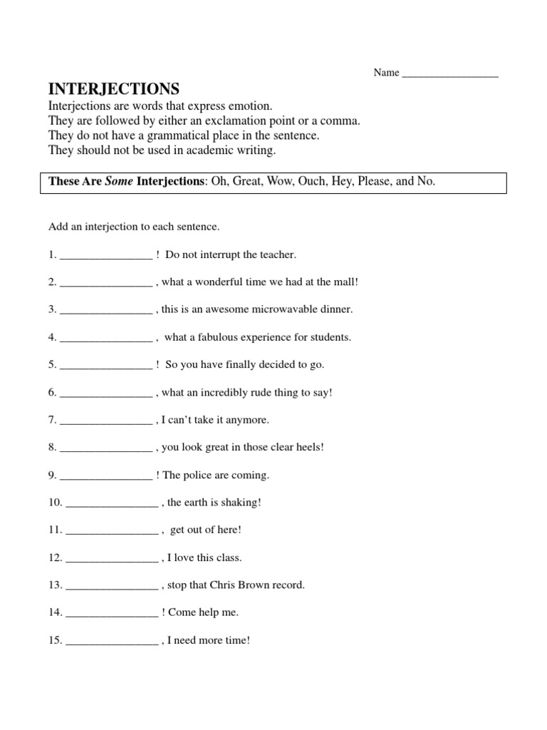 Interjections Worksheets