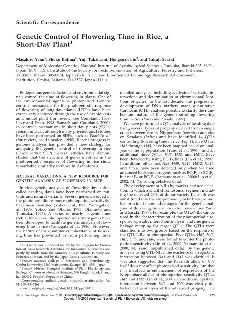 Genetic Control of Flowering Time in Rice, A Short-Day Plant | PDF ...