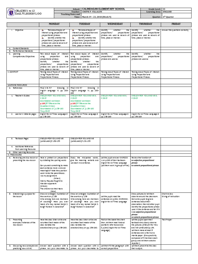 Grade 6 DLL English 6 q4 Week 8 | PDF | Preposition And Postposition | Noun