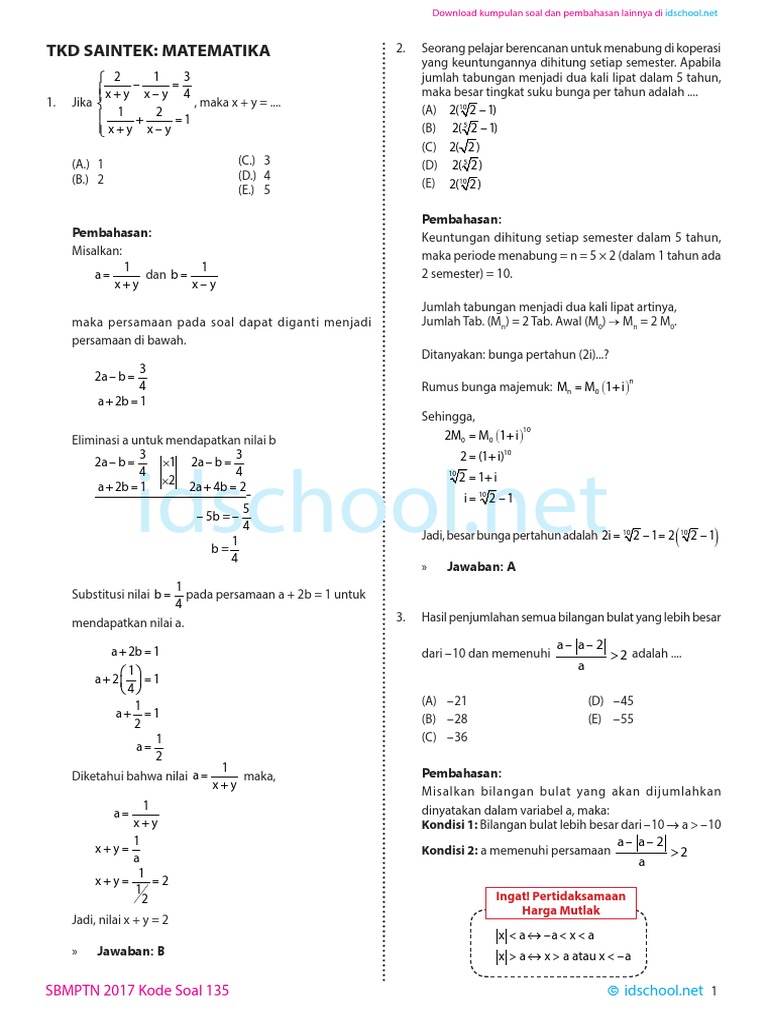 Soal Dan Pembahasan SBMPTN TKD Saintek 2017 (Matematika) | PDF