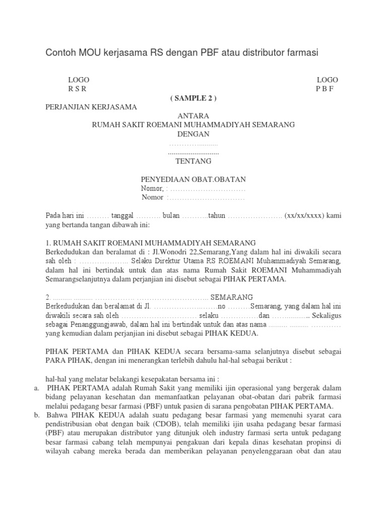 Contoh MOU Kerjasama RS Dengan PBF Atau Distributor Farmasi | PDF