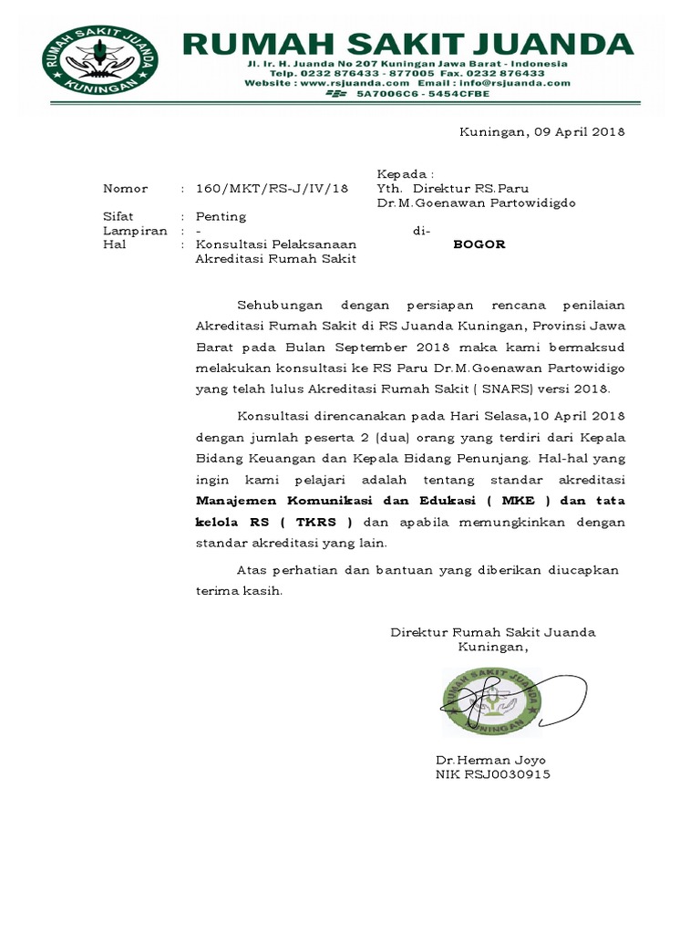 Surat Ijin Study Banding RS Juanda | PDF