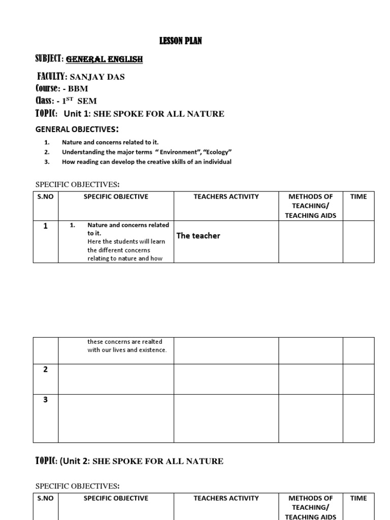 Unit 1:: Lesson Plan SUBJECT: General English Course: - BBM Class: - 1 ...