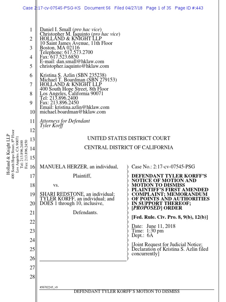 Herzer V Redstone (Korff MTD) | PDF | Federal Rules Of Civil Procedure ...