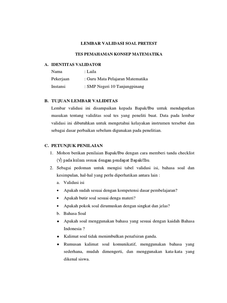 Lembar Validasi Soal Pemahaman Konsep | PDF Lembar Validasi Soal Pemahaman Konsep | PDF
