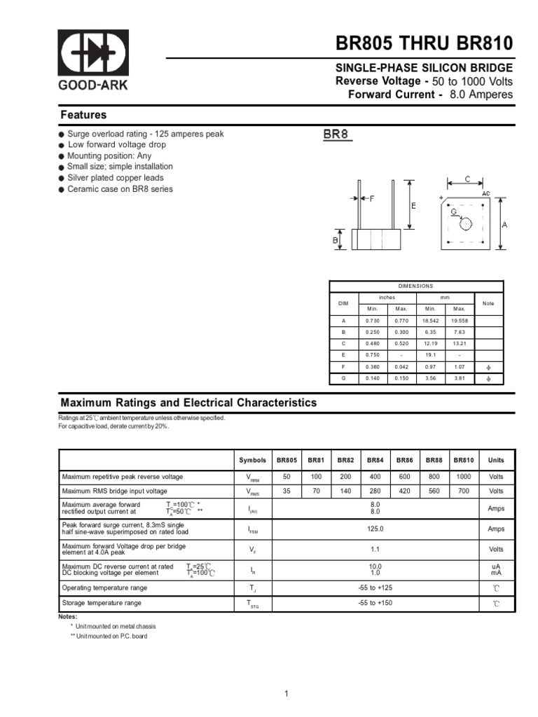 BR805 THRU BR810: Single-Phase Silicon Bridge Reverse Voltage - Forward ...