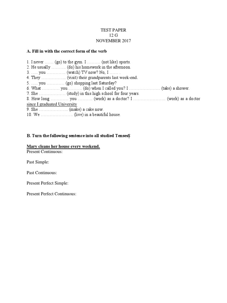 Verb Tenses and Forms Test Paper | PDF