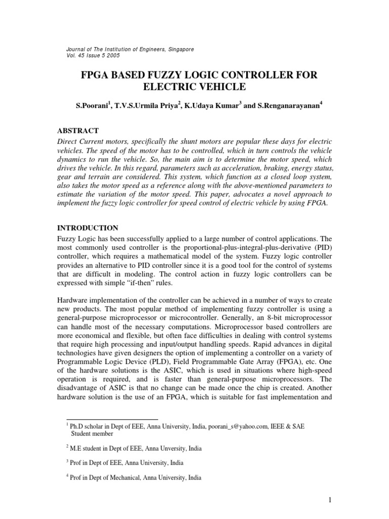 Fpga Based Fuzzy Logic Controller For Electric Vehicle Pdf Hardware Description Language