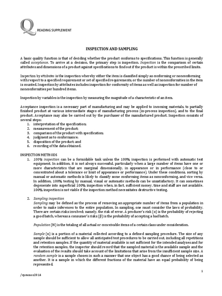Inspection and Sampling | PDF | Sampling (Statistics) | Specification (Technical Standard)