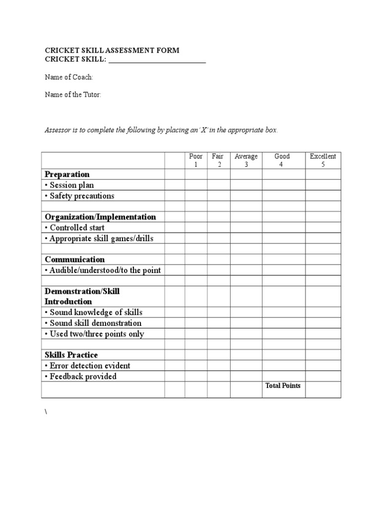 Cricket Skill Assessment Form | PDF