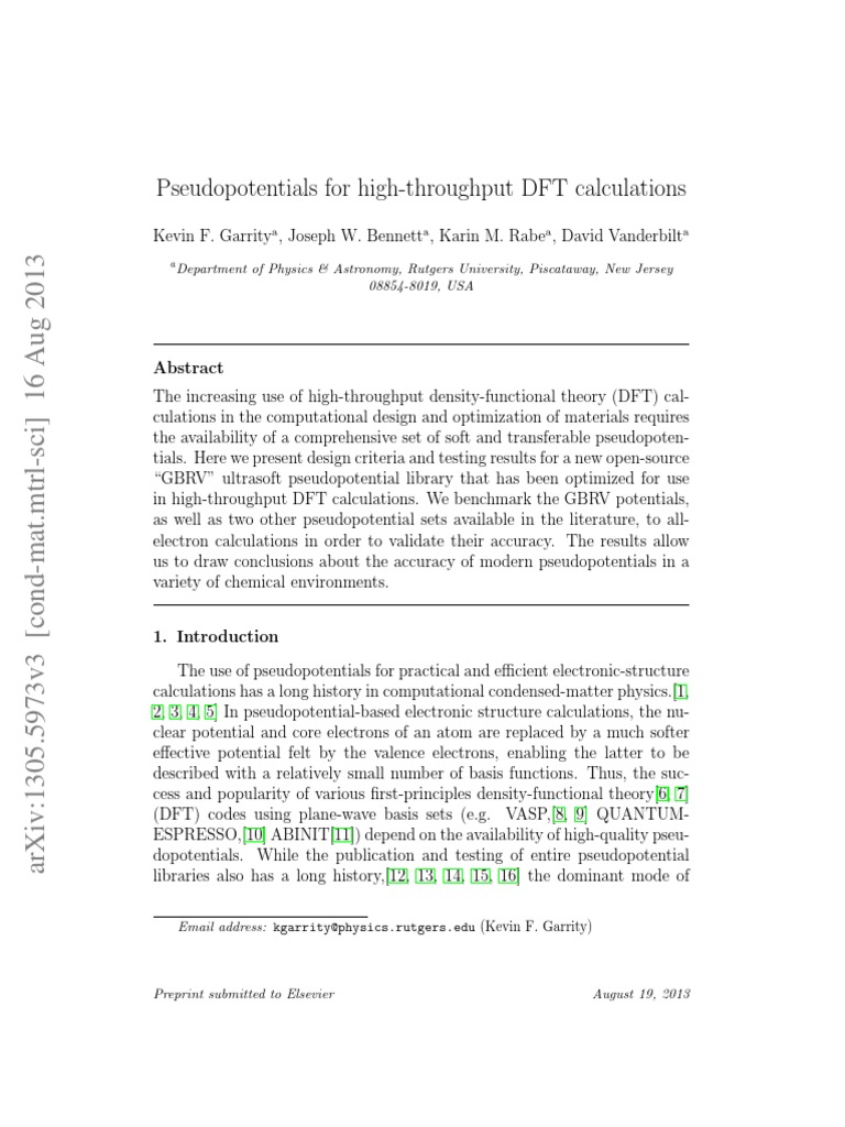 Pseudopotentials For High Throughput Dft Calculations Pdf Ionic