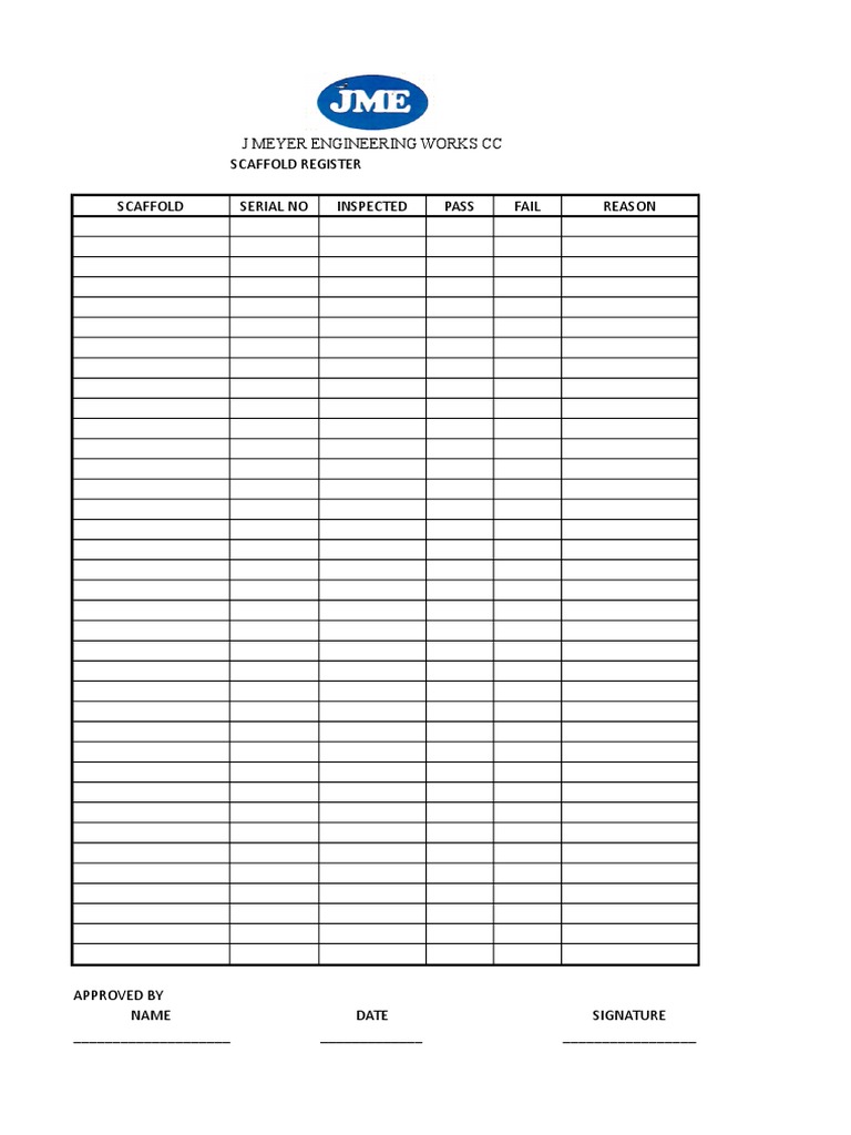 J Meyer Engineering Works CC Scaffold Register Scaffold Serial No ...
