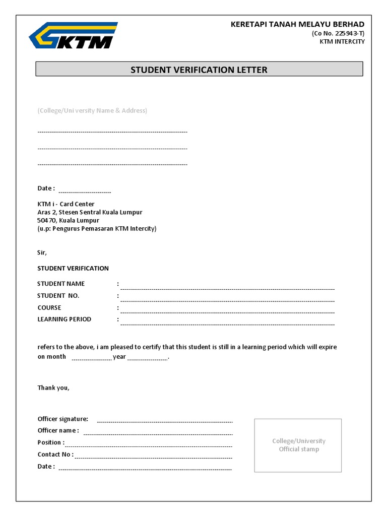 Student Verification Letter: Keretapi Tanah Melayu Berhad | PDF