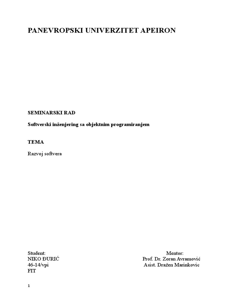 Softverski Inzenjering Niko Djuric Seminarski | PDF