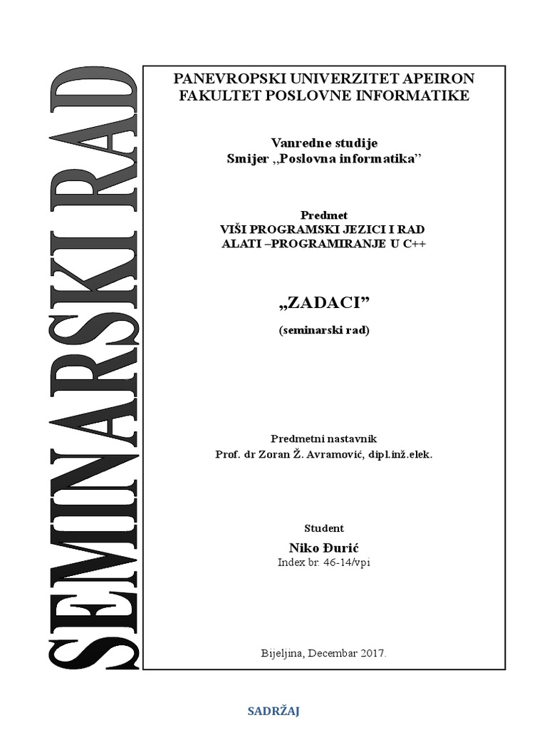 Visi Programski Jezici C++ Niko Djuric Seminarski | PDF