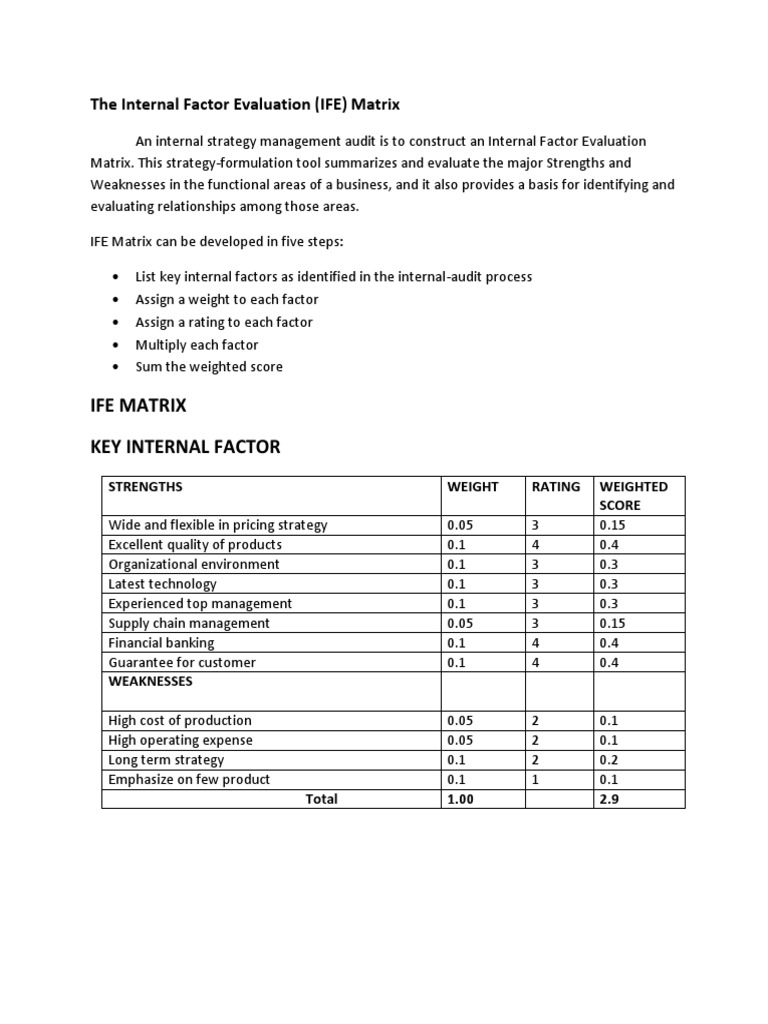 The Internal Factor Evaluation (IFE) Matrix | PDF