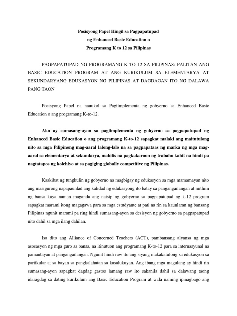 Posisyong Papel Halimbawa Tungkol Sa Edukasyon | saedukasyon