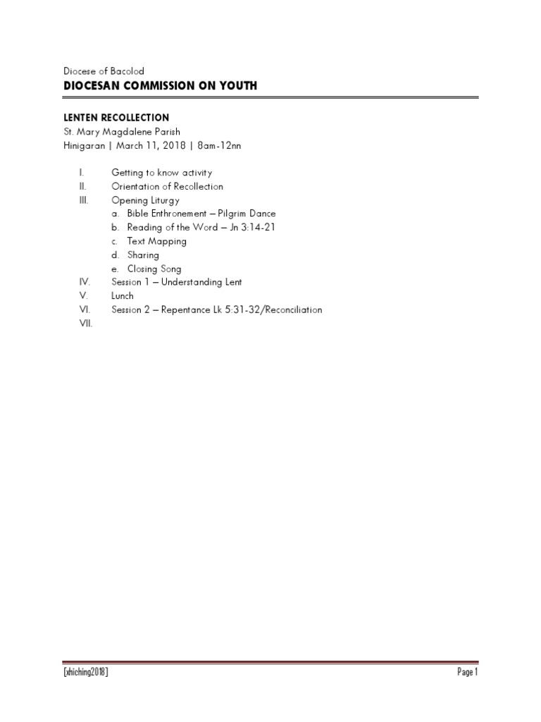 Diocesan Commission On Youth: Lenten Recollection | PDF