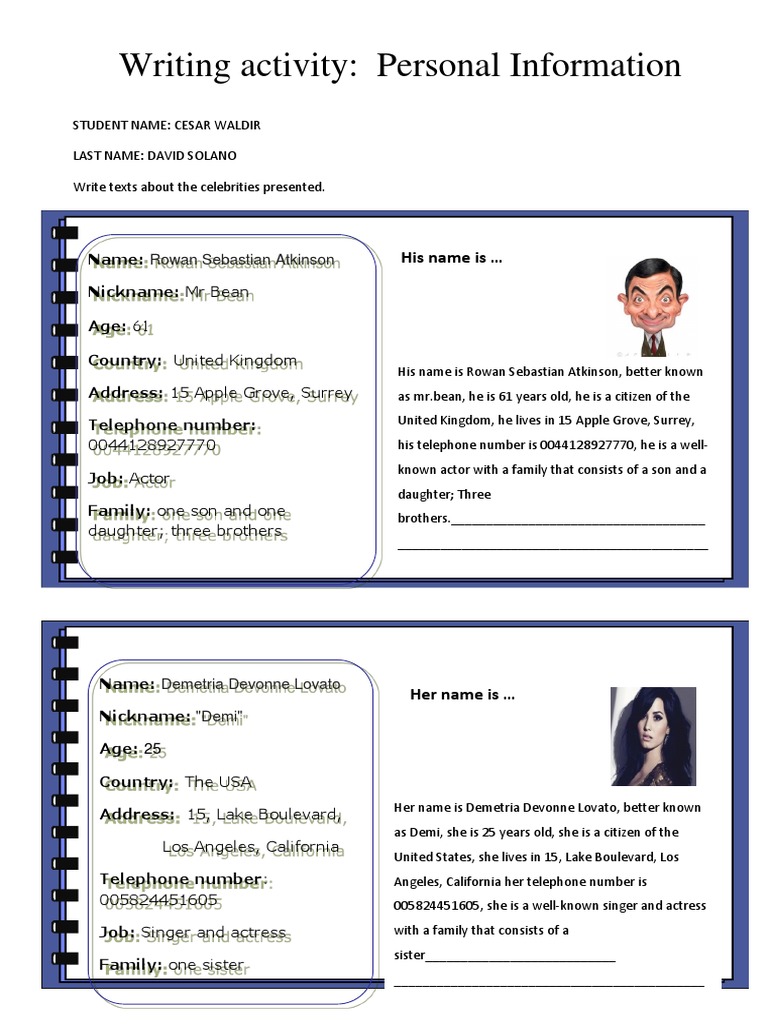 Writing Activity: Personal Information: Rowan Sebastian Atkinson | PDF