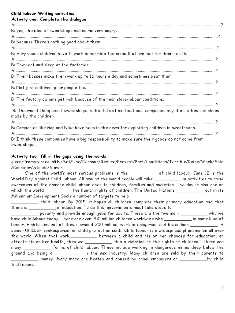 Child Labour Writing Activities | PDF | Child Labour | Sweatshop