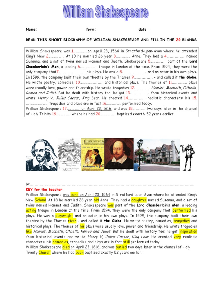 A Short Biography of William Shakespeare Key Information Gap Activities ...