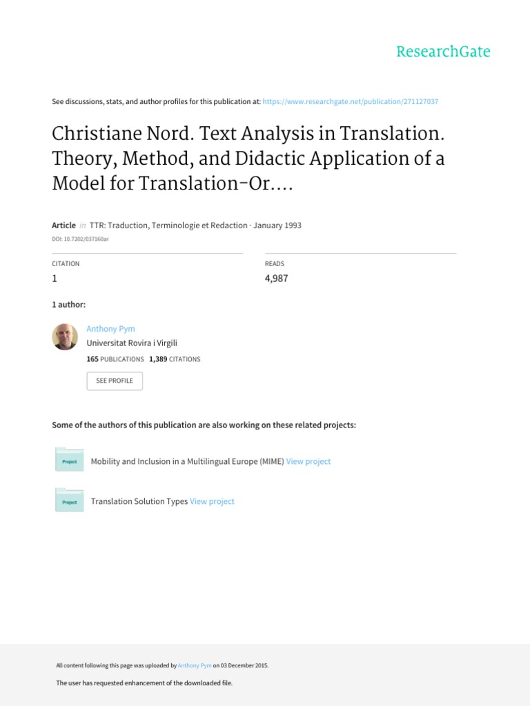 Christiane Nord. Text Analysis in Translation. Theory, Method, and ...