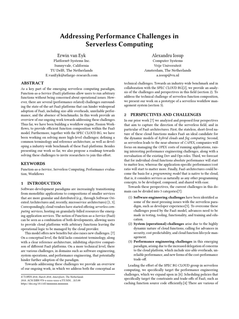 Addressing Performance Challenges in Serverless Computing | PDF | Cloud Computing | Engineering