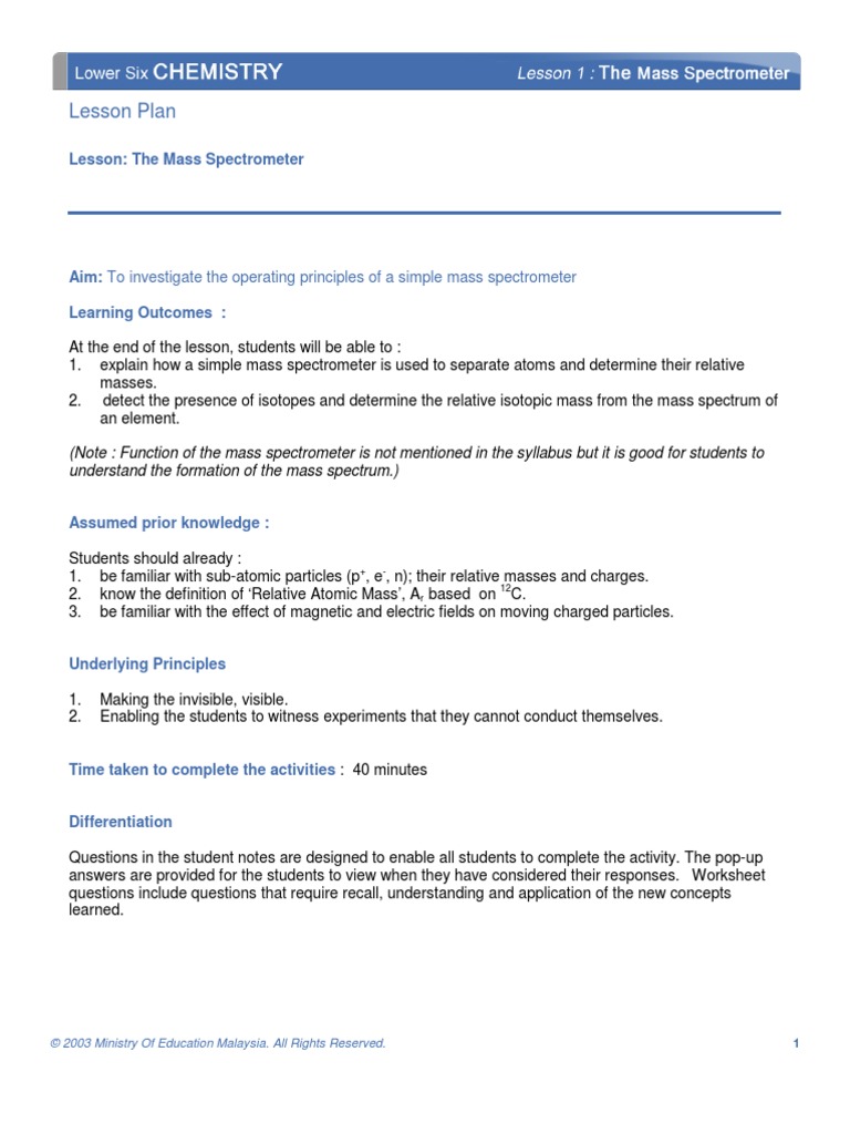 Lesson Plan: Lesson: The Mass Spectrometer | PDF | Mass Spectrometry ...