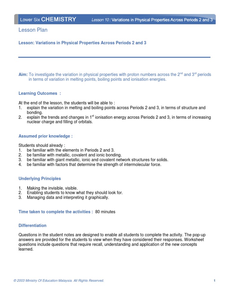 Lesson Plan: and 3 Periods in Terms of Variation in Melting Points ...