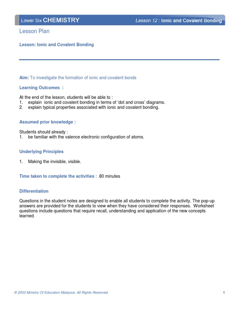 Lesson Plan: Lesson: Ionic and Covalent Bonding | PDF | Ionic Bonding ...
