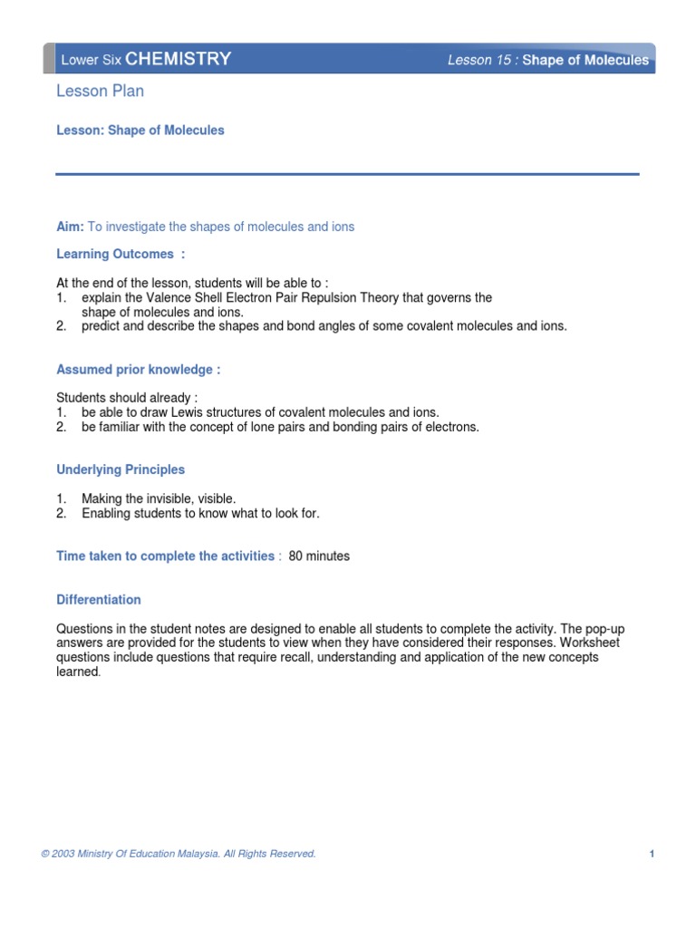 Lesson Plan: Lesson: Shape of Molecules | PDF | Chemical Bond ...