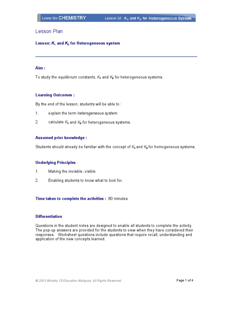 Lesson Plan: Lesson: K and K For Heterogeneous System | PDF | Chemical ...