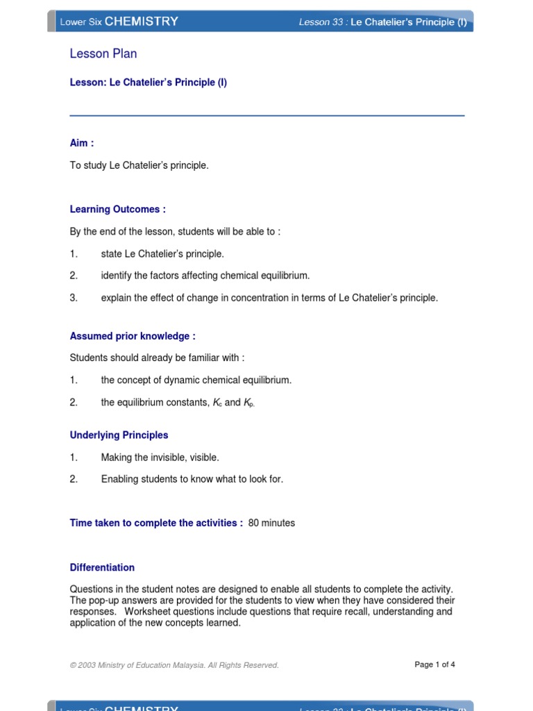 Lesson Plan: Lesson: Le Chatelier's Principle (I) | PDF | Chemical ...