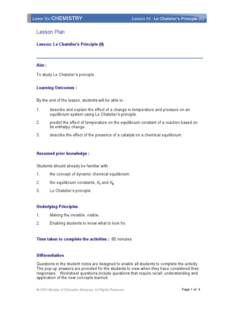 Lesson Plan: Lesson: Le Chatelier's Principle (II) | PDF | Chemical ...