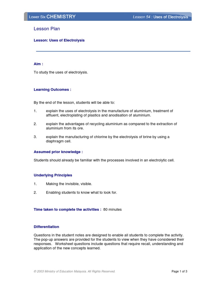 Lesson Plan: Lesson: Uses of Electrolysis | PDF