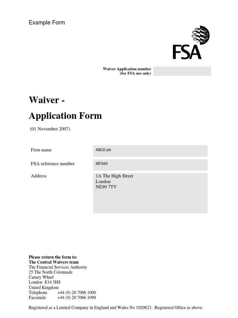 Waiver - Application Form | PDF | Financial Services Authority | Signature