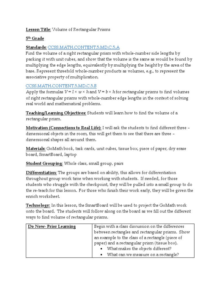 Volume of Rectangular Prisms Observation Lesson 3 | PDF | Volume | Length