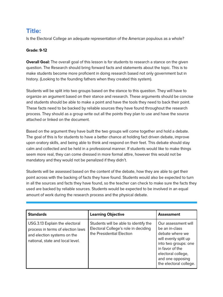 Ibl Lesson Plan | PDF | Electoral College (United States) | Educational ...