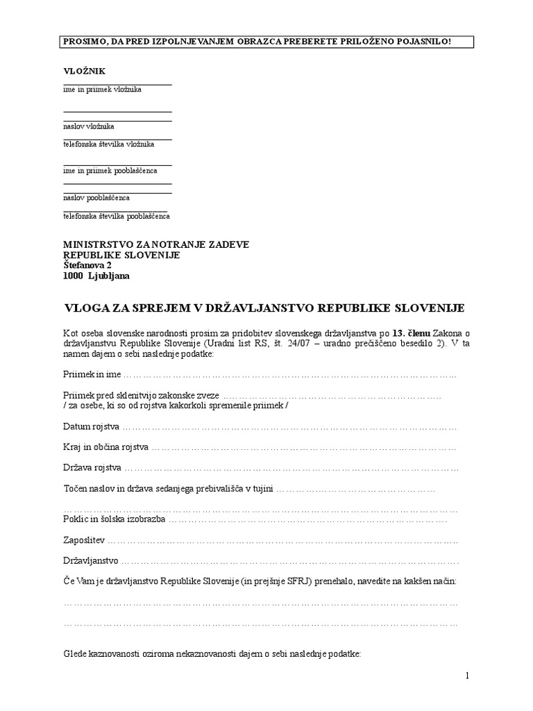 Obrazec Za Sprejem V Državljanstvo 13. Čl. ZDRS | PDF