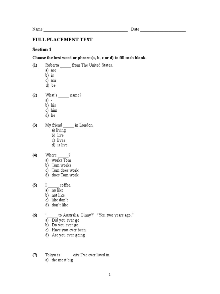 Full English Placement Test | PDF | Tourism | Prediction