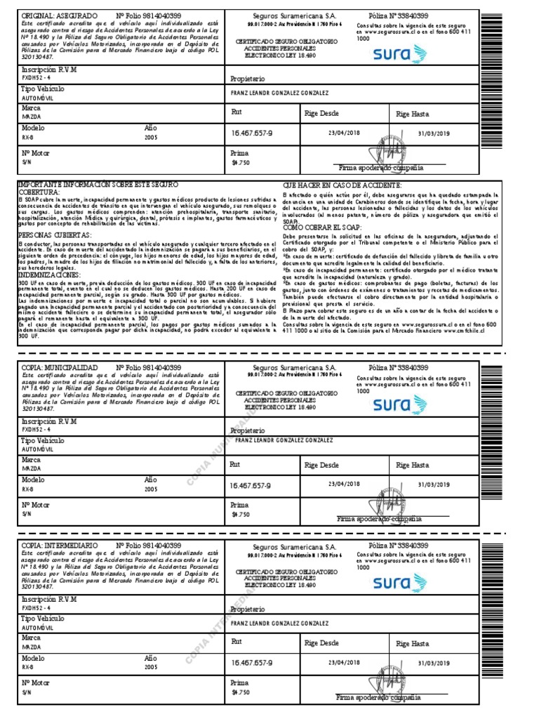 Certificado de Seguro Obligatorio de Auto | PDF | Póliza de seguros ...
