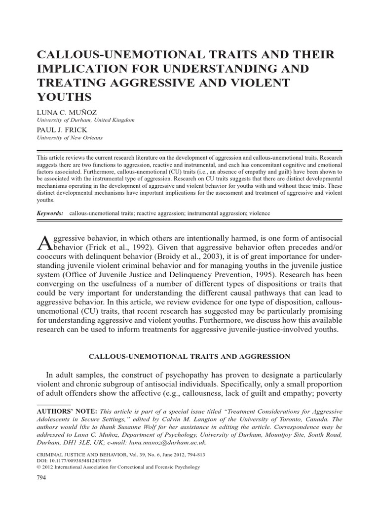 Callous-Unemotional Traits and Their Implication For Understanding and ...