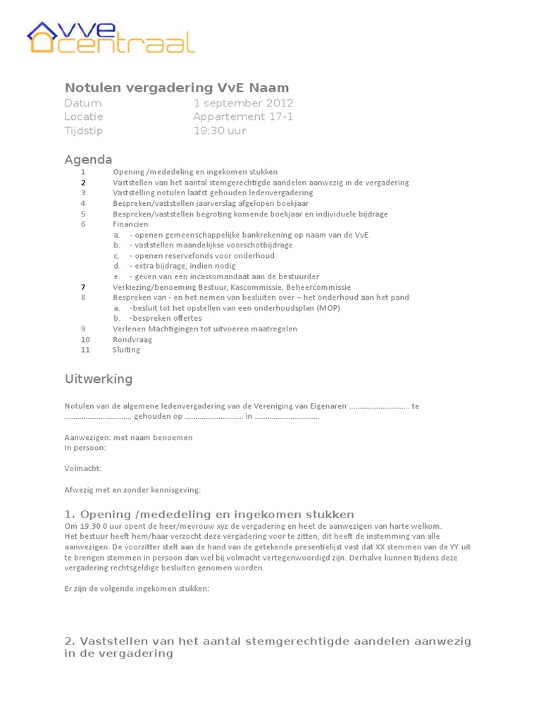 Voorbeeld Notulen Vergadering Vve1 | PDF