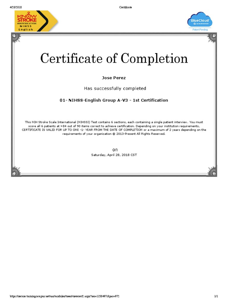 nihss certificate | Tests | Behavioural Sciences